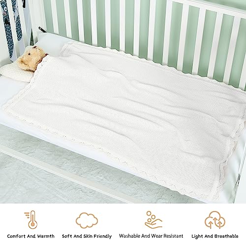 TRENDSTITCH 100% Cotton Baby Blanket Knit Lace Soft Warm Toddler Blanket,30 x 40 Inches,White