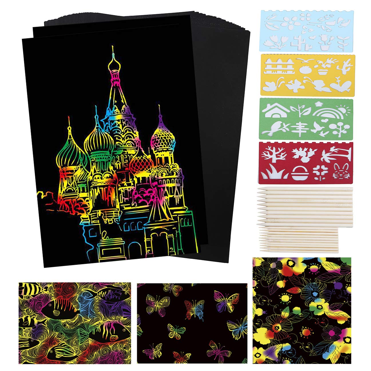 LUREME Scratch Art Set, 50Pcs Rainbow Magic Scratch Paper Set Black Scratch Off Art Crafts Notes Boards Sheet with 5 Wooden Stylus 4 Drawing Stencils for Easter Party (ME000009)