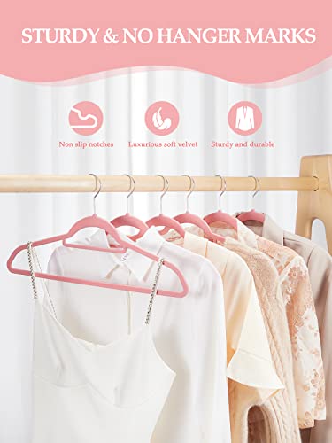 HOUSE DAY Velvet Hangers with Tie Bar 20 Pack Pink, Clothes Hangers Non-Slip, Space Saving Felt Hangers for Pants, Coat, Suits, Shirt, Scarf, No Hanger Marks