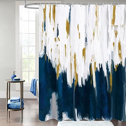 MitoVilla Blue Shower Curtain, Graffiti Ombre Fabric Shower Curtains for Modern Abstract Bathroom Decor, Brush Strokes Oil Painting Design, Watercolor, Navy Blue, 72 x 72