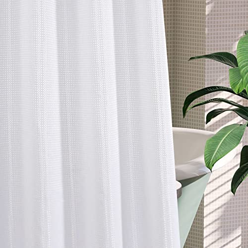 MitoVilla No Hooks Needed White Waffle Shower Curtain Set with Snap-in Liner, Modern Waffle Weave Fabric Shower Curtains for Luxury Hotel Grade Spa-Like Bathroom Decor, 72 x 74