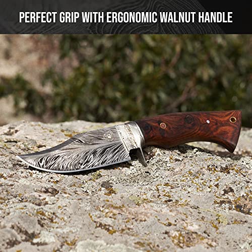 BIGCAT ROAR Handmade Damascus Hunting Knife - Bushcraft Fixed Blade Hunting Knife with Sheath and Walnut Wood Handle - 10″ EDC Skinning Knife - Bladesmith Pride