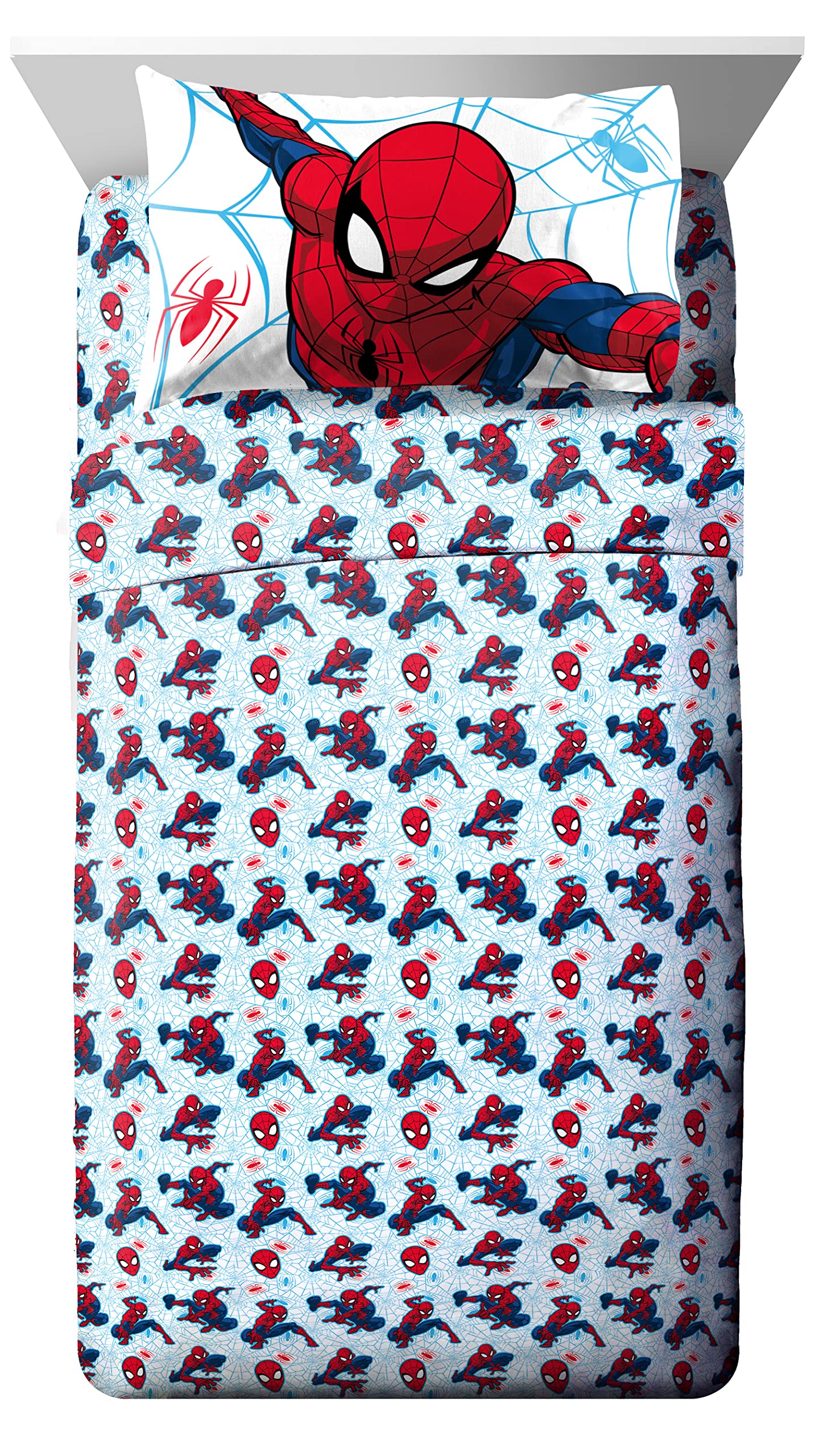 Jay Franco Marvel Spiderman Webtastic 4 Piece Toddler Size Bed Set – Super Soft Microfiber Bed Set Includes Toddler Size Reversible Comforter & Sheet Set Bedding (Official Marvel Product)