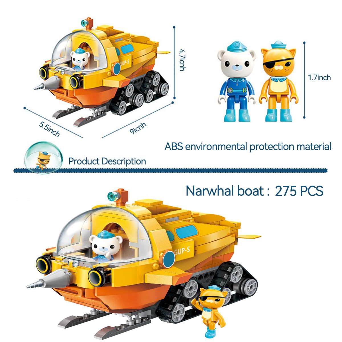 CHAOFANZHE Octopod Architecture Blocks,Octonaus Construction Brick Set,Octonaus Toys for4-7 Year Kids Toys Building (Narwhal Boat 275 PCS)