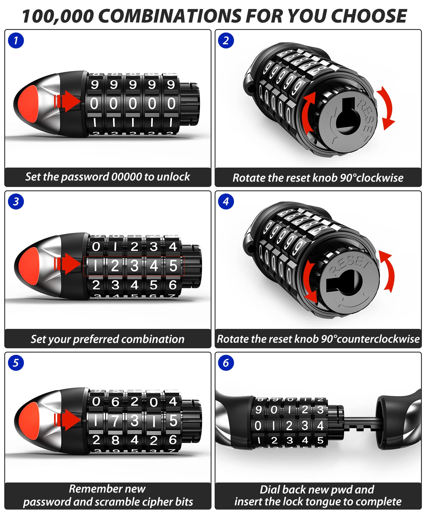 Bike Lock Cable Locks Sportneer - 6 Feet High Security 5-Digit Resettable Bicycle Combination Lock with Light for Night Unlocking, Scooter Lock with Mounting Bracket for Bikes(Thickened Version)