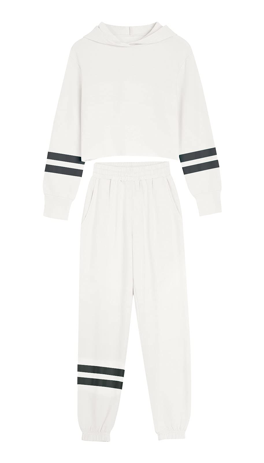 Batermoon Girl's Hooded Sweatsuits Long Sleeve Crop Sweatshirts and Sweatpants Casual Lounge Sets White