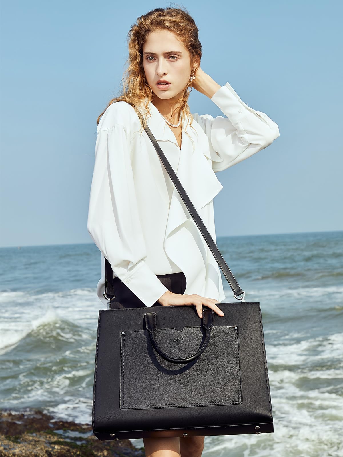 CLUCI Leather Briefcase for Women Laptop 15.6 Inch Professional Business Work Ladies Computer Handbag Shoulder Bag Black