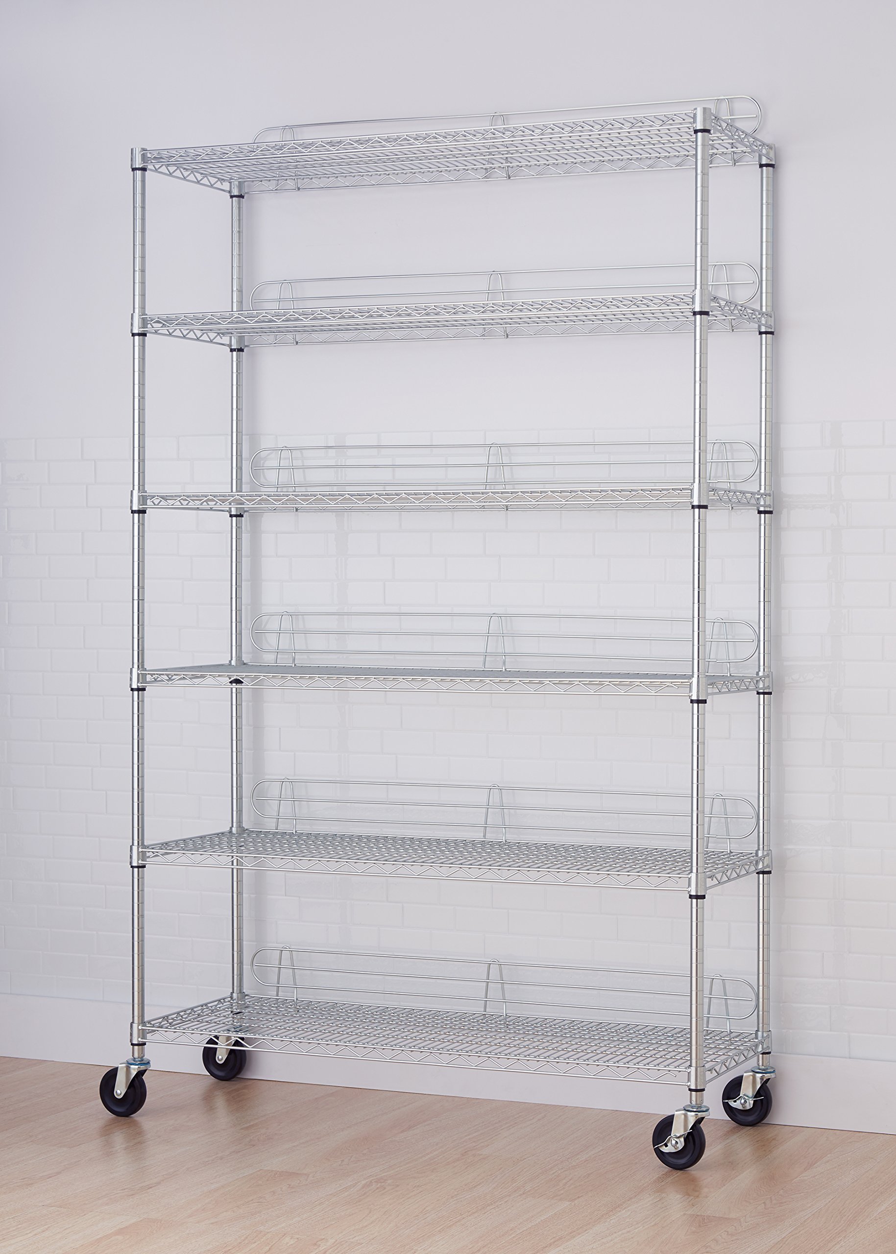 TRINITY EcoStorage Heavy Duty 6-Tier Adjustable Wire Shelving with Wheels and Backstands for Kitchen Organization, Garage Shelving, NSF Certified, 48β W x 18β D x 72-77β H, 800-4800 lb Capacity Chrome
