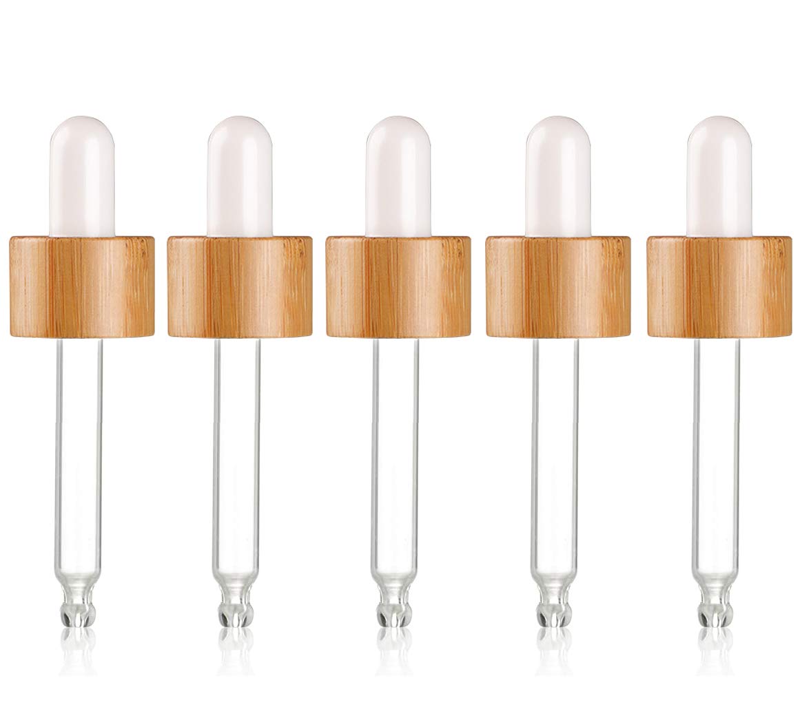 Furnido 5 Pack Glass Eye Droppers for Essential Oils,Glass Dropper Pipette Top with Natural Bamboo Circle for 10ml/0.33Oz Essential Oil Bottles
