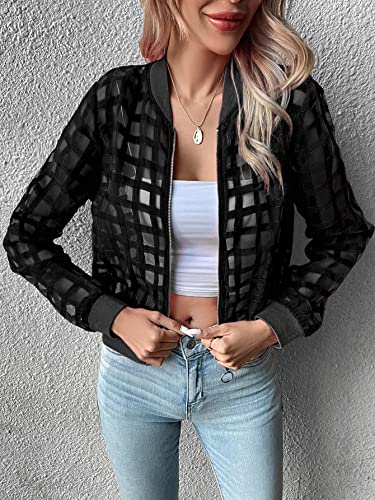 Floerns Women's Hollow Out Long Sleeve Baseball Collar Zip Up Bomber Jacket Black Plaid L