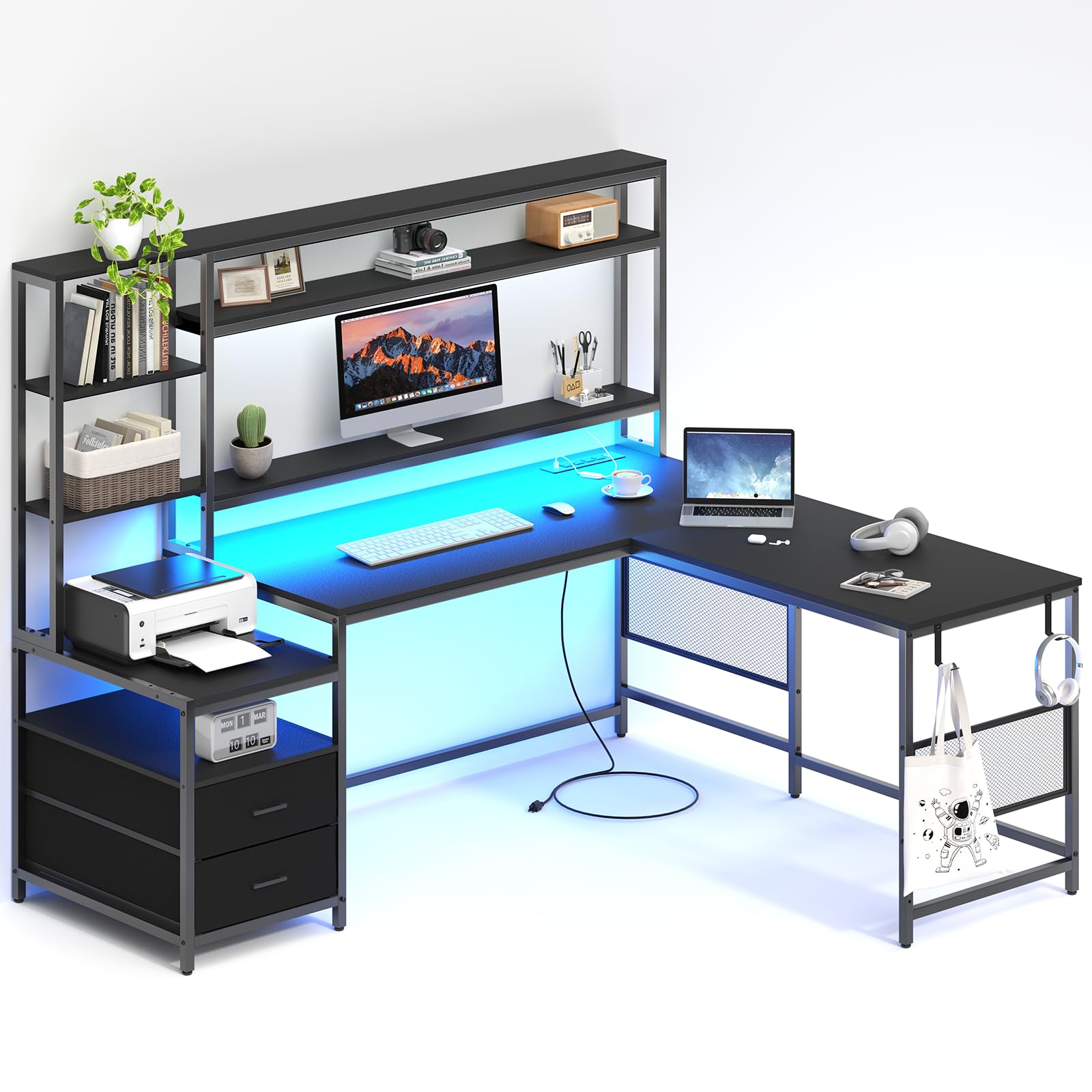 YOMILUVE L Shaped Desk with Drawers & Storage Shelves, Reversible Gaming Desk with Power Outlets, Corner Computer Desk with LED Lights & Hutch, Study Writing Workstation for Home Office (Black)