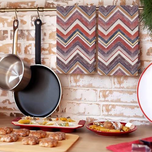 Beisseid Kitchen Dish Towels Red Grey Chevron Dish Cloth Fingertip Hand Towels Geometric Design Stripe Super Absorbent Soft Cotton Tea Towel 4 PCS