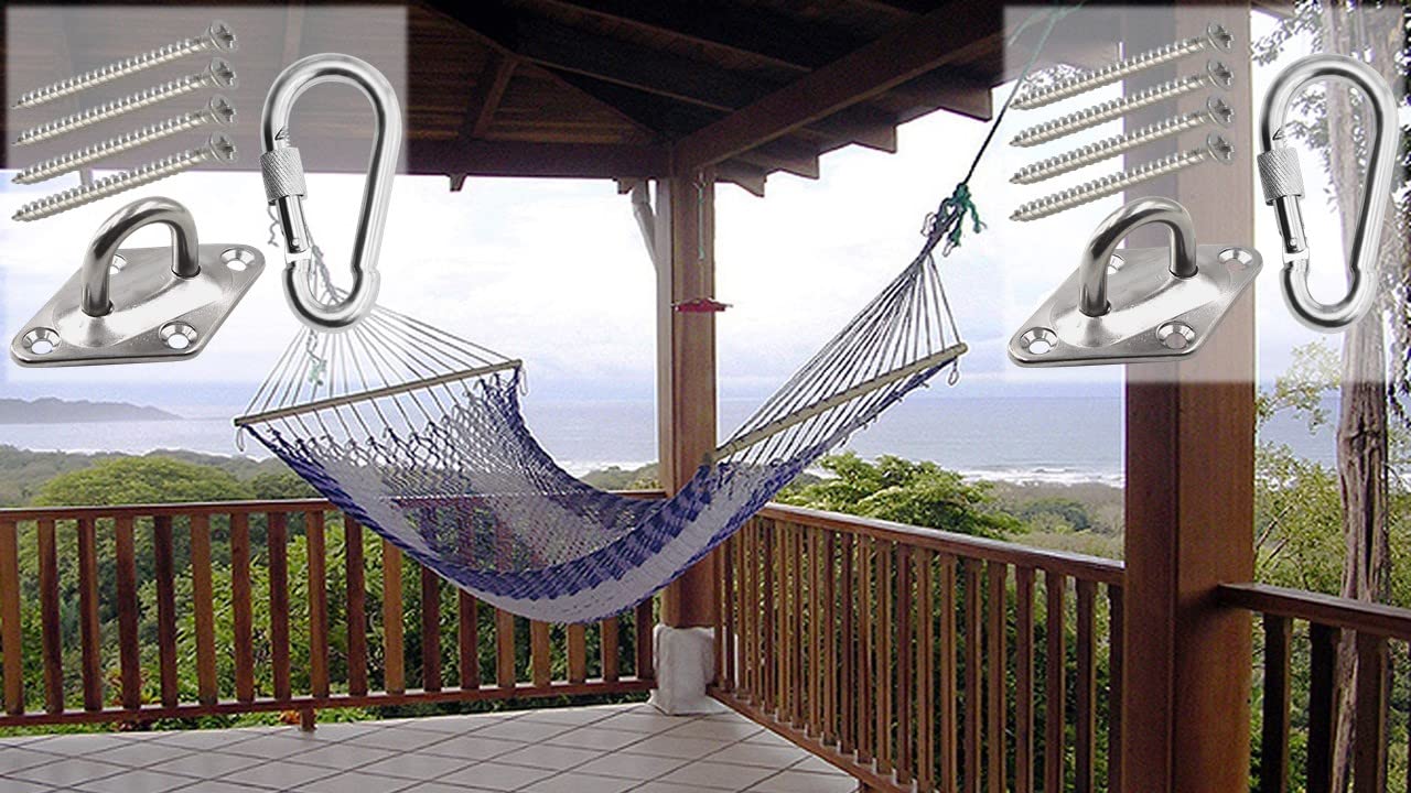 Branded Boards Heavy Duty Black or Silver 1000lb Load Hammock Hanging Kits with Locking Carabiner Snap Hooks, for Trees, Ceilings, Walls, Porches, Posts (Diamond-Plate-Hammock-Kit-Silver)