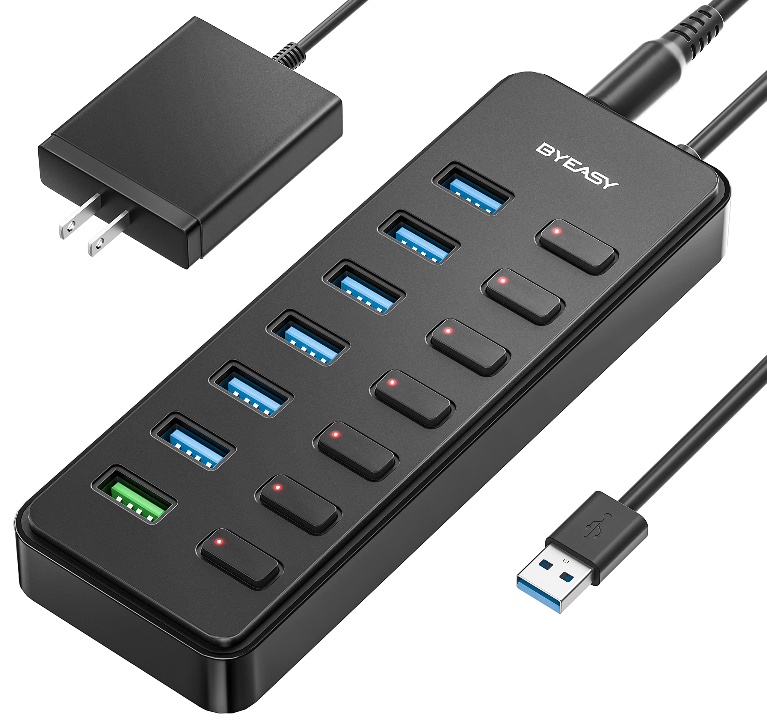 BYEASY 7 in 1 USB Hub with BC1.2 Smart-Charging Port, Powered USB 3.0 Hub with 5V/3A Power Adapter,USB Data Splitter with Individual Indicator for Notebook Laptop Tablet USB Flash Drives PC