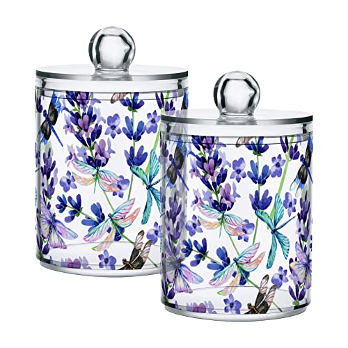 MNSRUU 2 Pack Qtip Holder Organizer Dispenser Dragonfly Lavender Bathroom Storage Canister Cotton Ball Holder Bathroom Containers for Cotton Swabs/Pads/Floss