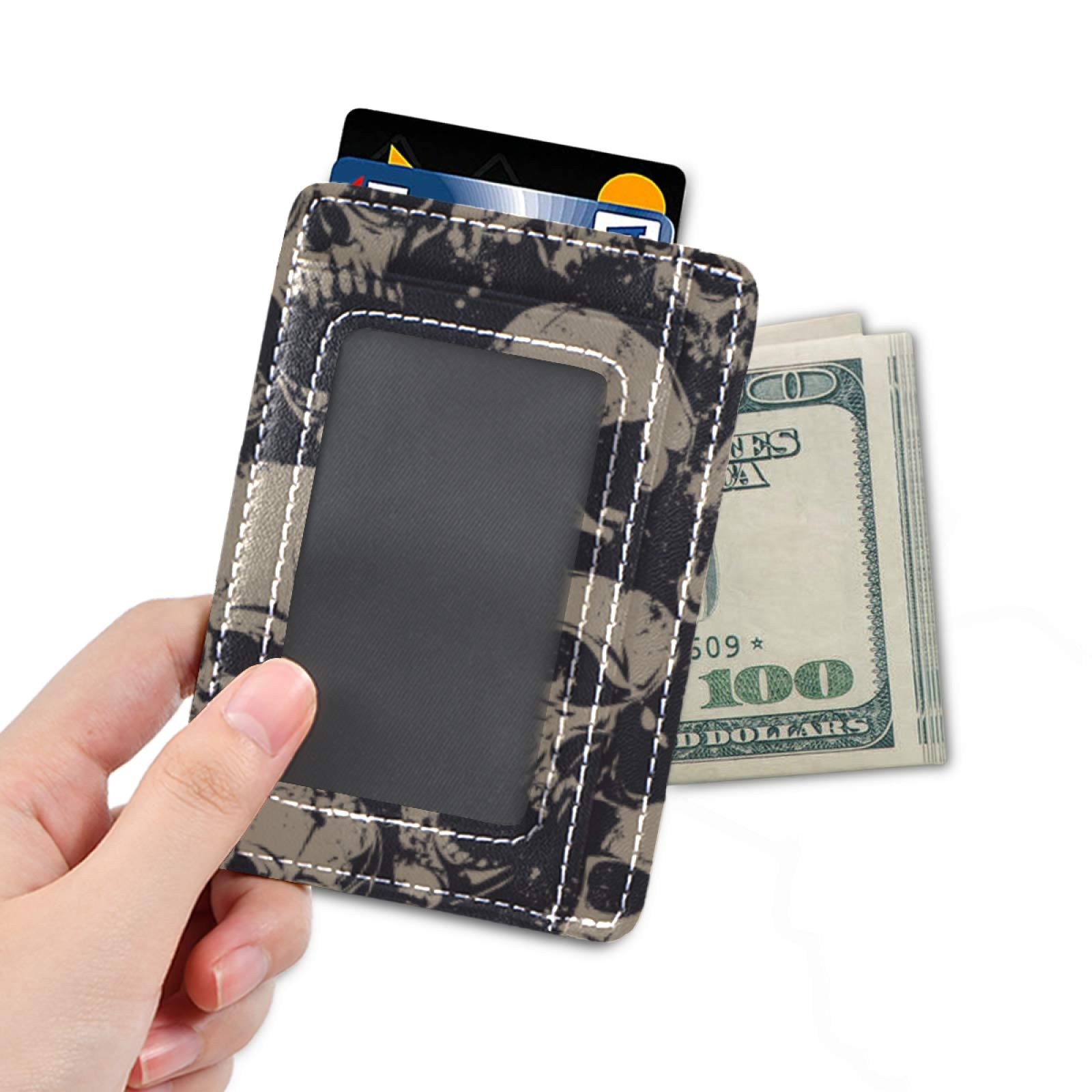 Linomo Thin leather Card Holder and Money Clip Sugar Skull Day of the Dead Wallet RFID Blocking for Men & Women