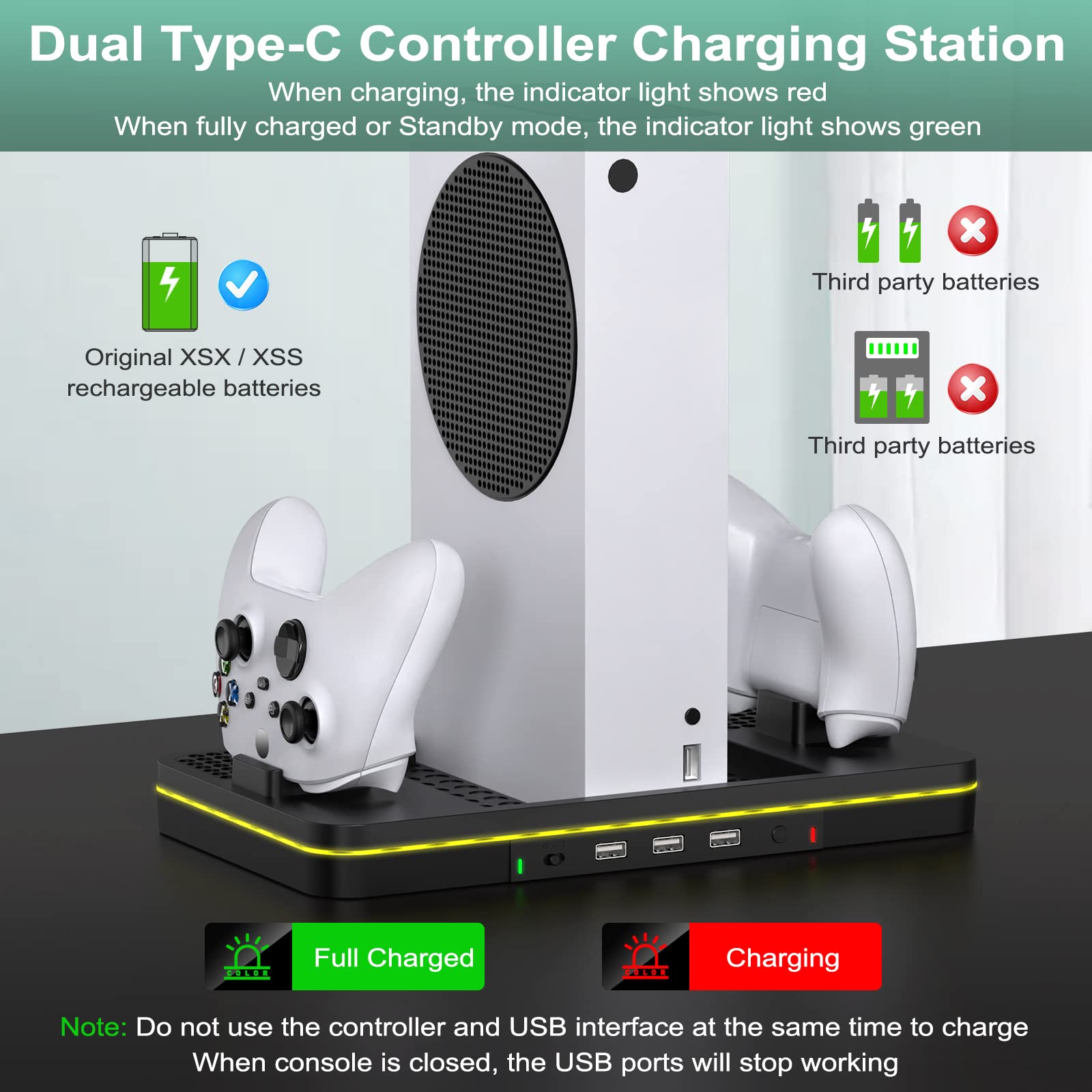 Charging Stand with Cooling Fan for Xbox Series X/S,Upgraded Vertical RGB lED Stand with Dual Controller Fast Charger Station Dock with 3 USB Ports & 7 Color Lights,2 Cooler Fans System Accessories