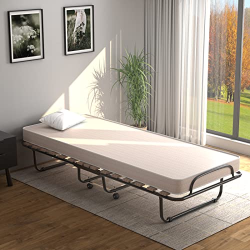 KOMFOTT Folding Rollaway Bed with Mattress, Foldable Bed with Memory Foam Mattress for Adults, Portable Fold Up Guest Bed with Sturdy Steel Frame on Wheels for Home & Office, Made in Italy (Beige)