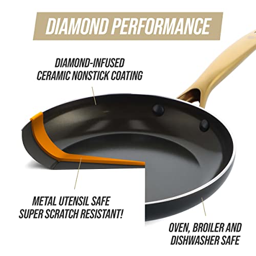Blue Diamond Gold 10 Piece Cookware Set,Ceramic Nonstick, PFAS Free, PFOA Free, Induction Suitable, Dishwasher Safe, Gold Handle, Black