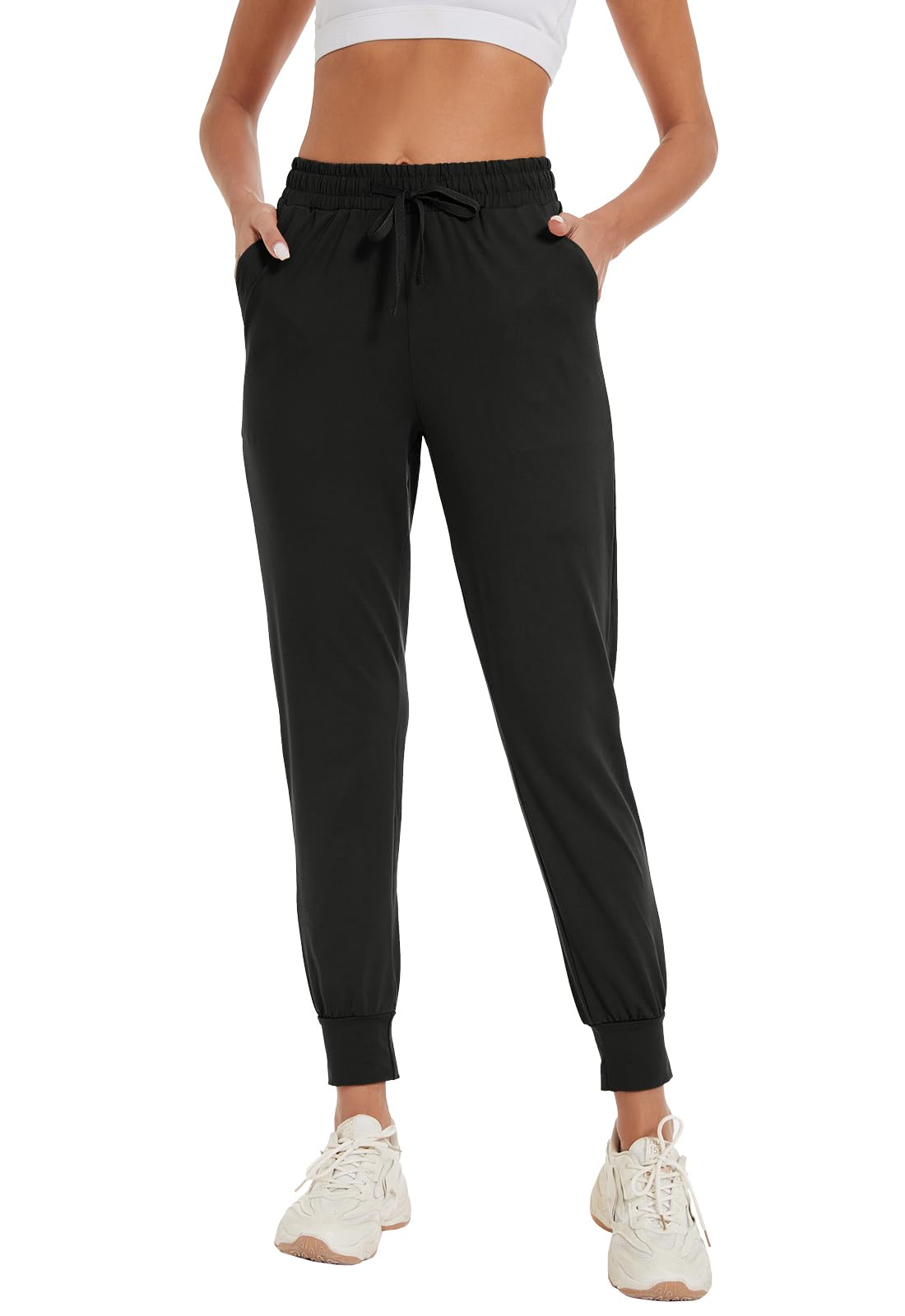 BATHRINS Women Tapered Joggers with Pockets – Casual Yoga High Waist Sweatpants Black