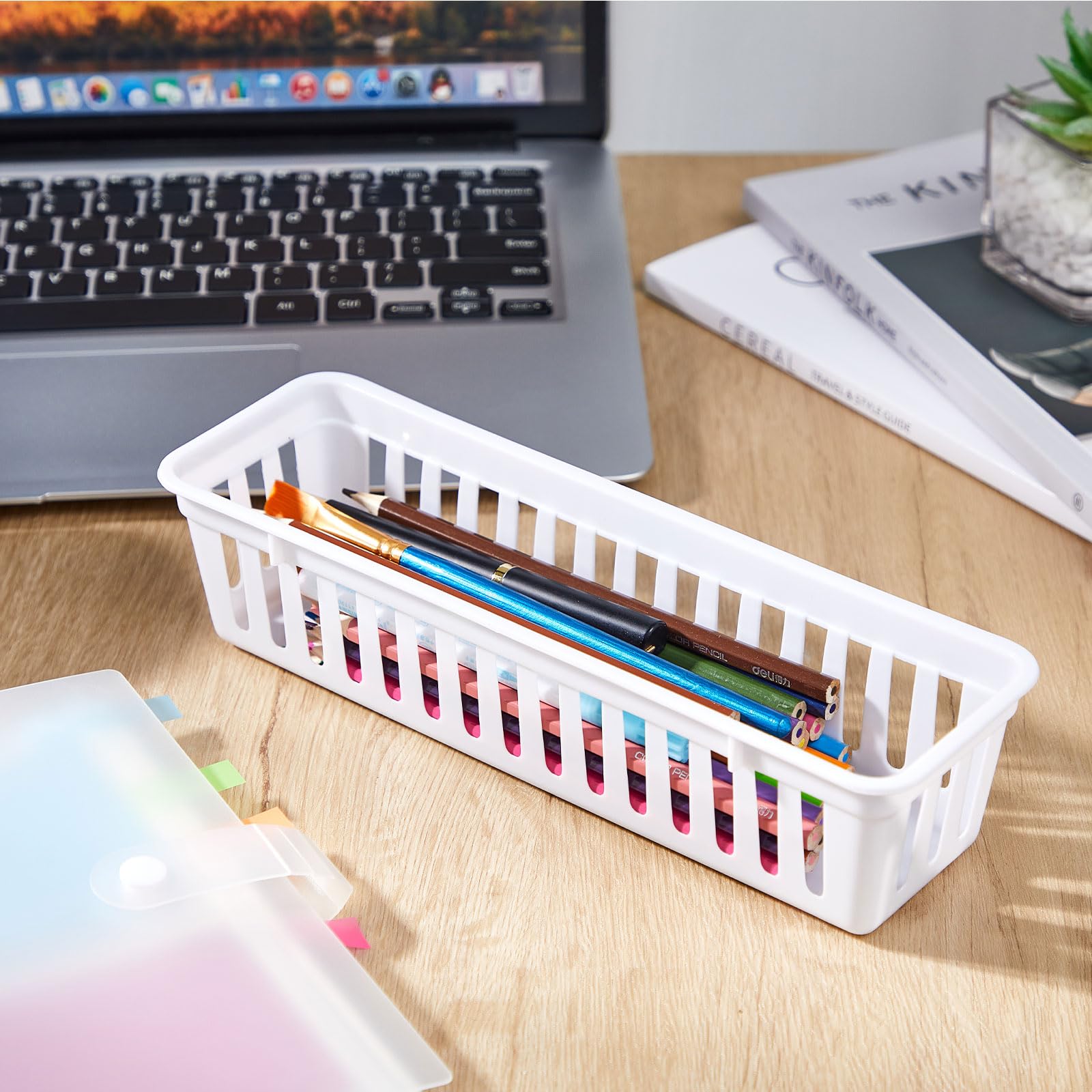 Domensi 24 Pcs Slim Plastic Storage Baskets Tray for Organizing 10.25 x 3.25 x 2.5 Inch Small Storage Bins Stackable Drawer Pencil Trays Holder for Desk Garage Office Containers(White)
