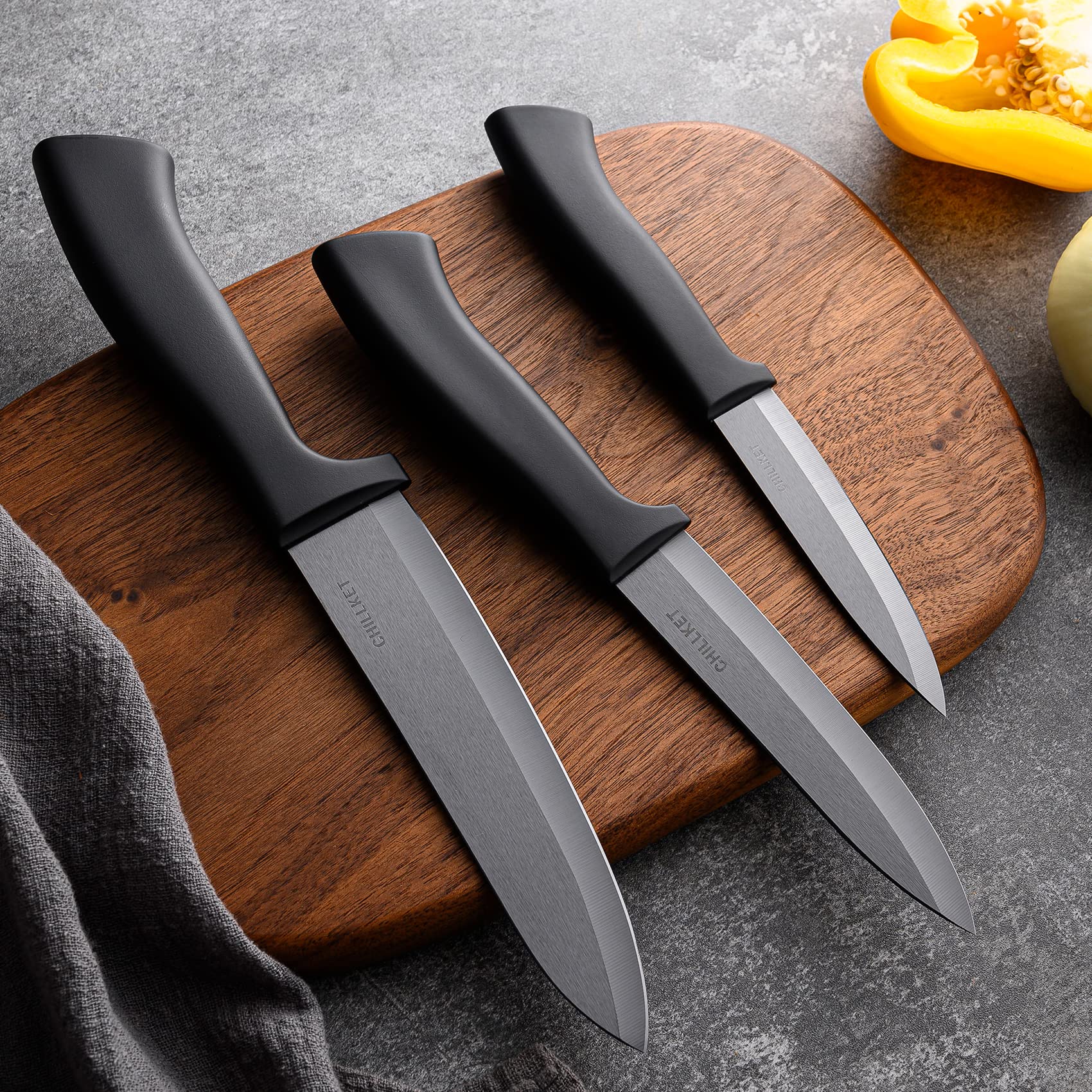 CHILLKET Ceramic Knife Set - Kitchen Knives 3 Pieces Set - 6 inch Chef Knife, 5 inch Utility Knife and 4 inch Paring Knife with covers
