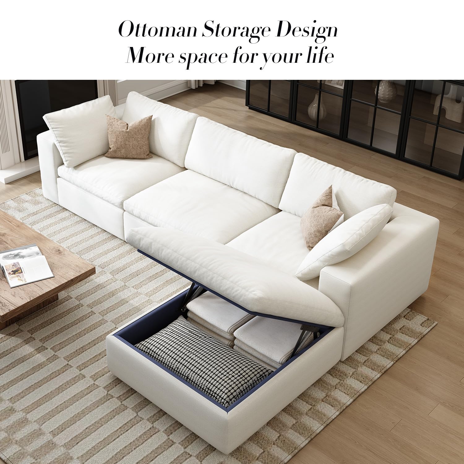 Cloud Modular Sectional Sofa with Storage Ottoman, 120" Down Filled Comfort L Shaped Couch Modular Sectional Couch, Modern Deep Sofa Couches for Living Room Office Apartment (3 Seater+1 Ottoman,White)