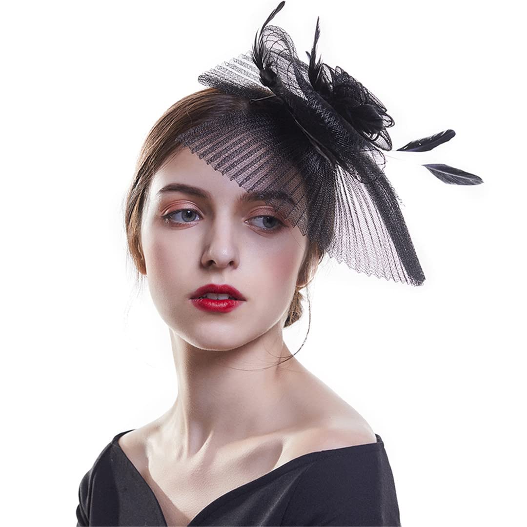 Black Hats Party Reticulate Feather Hats Stripe Wedding Hair Accessories Women Girls Hats Black
