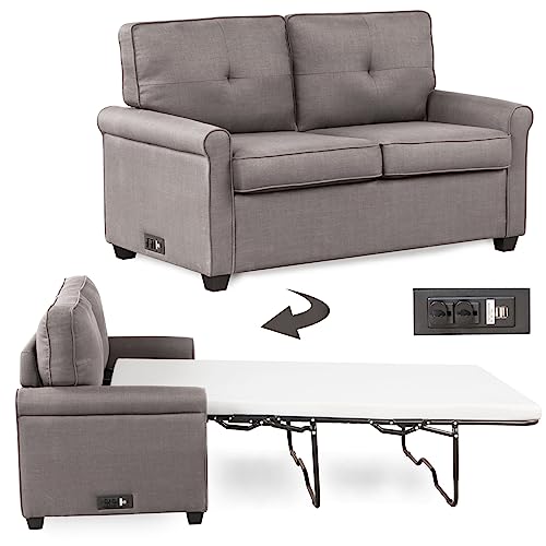 JUBILOOM Pull Out Couch Sofa Beds with 2 USB Ports, 2-in-1 Convertible Folding Futon Sleeper Bed, Upholstery Twin Loveseat Sofa for Living Room Apartment, Office Small Space, Dorm, (Light Grey)