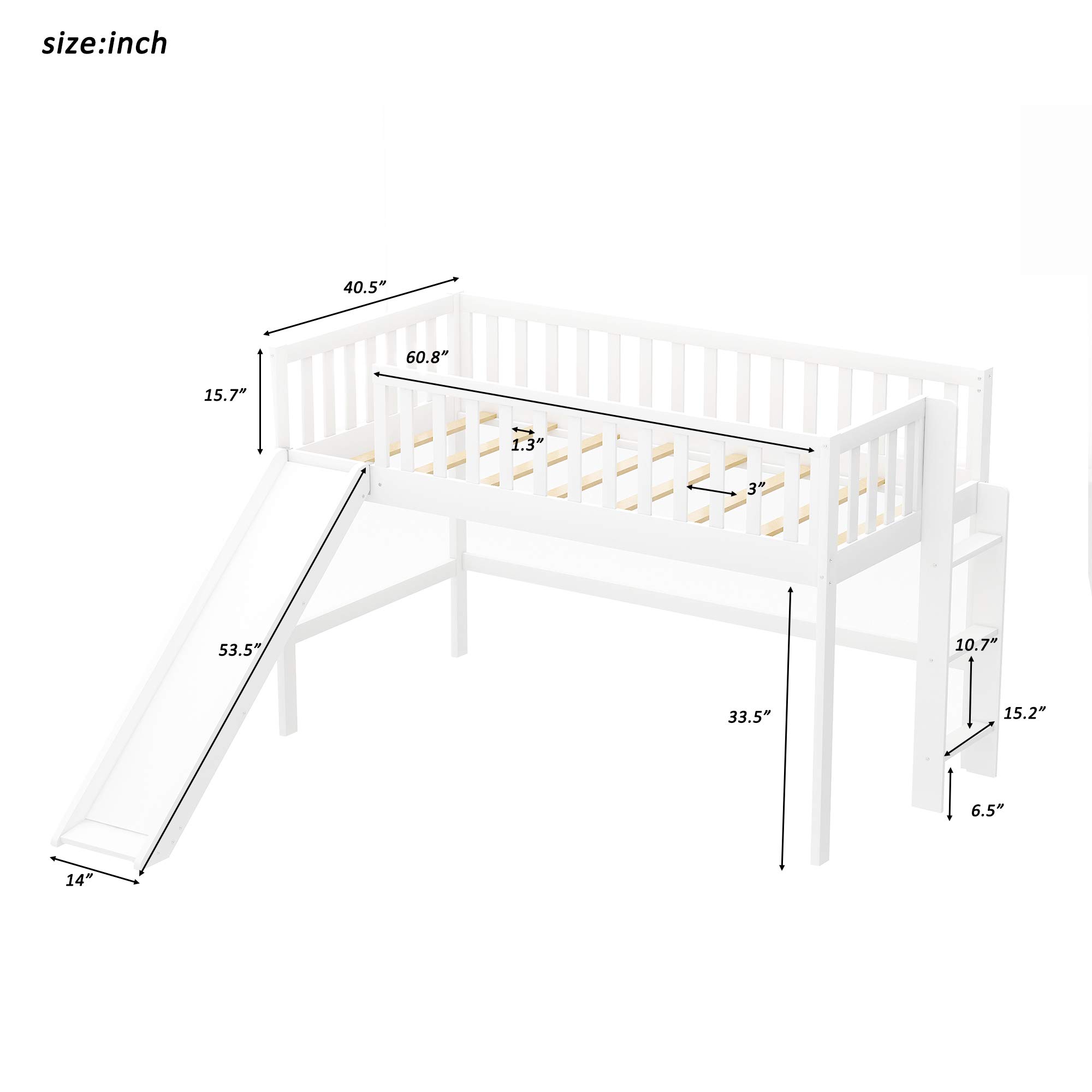 Harper & Bright Designs Twin Size Low Loft Bed with Slide, Wood Low Loft Bed for Kids, Girls, Boys (White)