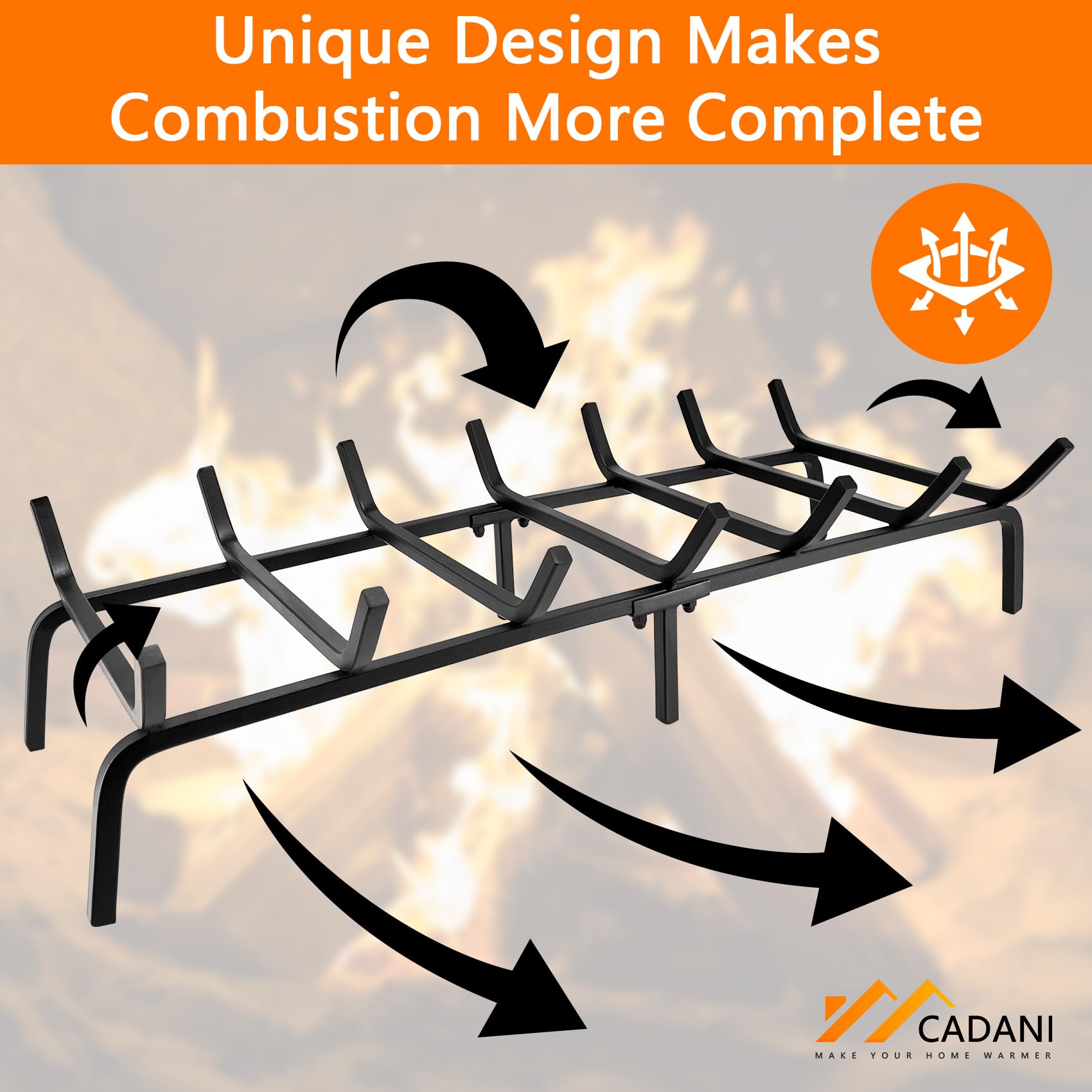 CADANI Fireplace Grate 24" Fire Grate - Cast Iron Fireplace Log Grate with 7 Solid Steel Bars - for Fireplace Fire Pit Wood Stove Both Indoor and Outdoor Use