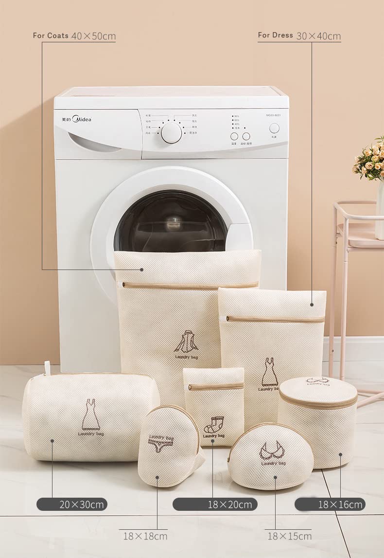 GIGIFULL 7 Pack White Mesh Laundry Bags for Delicates - Anti-Deformation Reusable Laundry Bags for Overcoat, Bra, Stocking, Blouses And Hosiery (7 pcs)