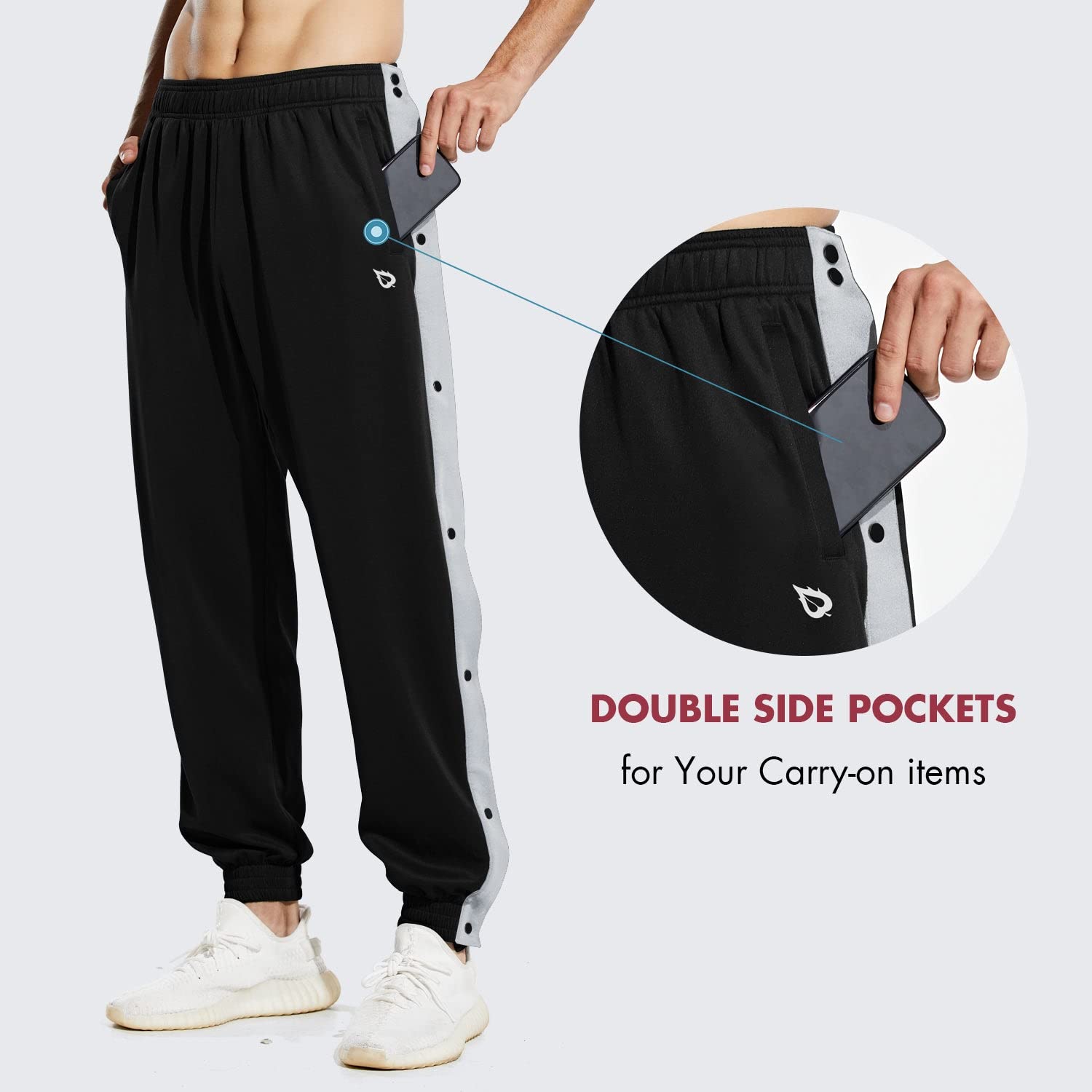 BALEAF Men's Sport Track Pants Side Snap Breakaway Sweatpants Active Warm Up Track Pants Black Grey XXL