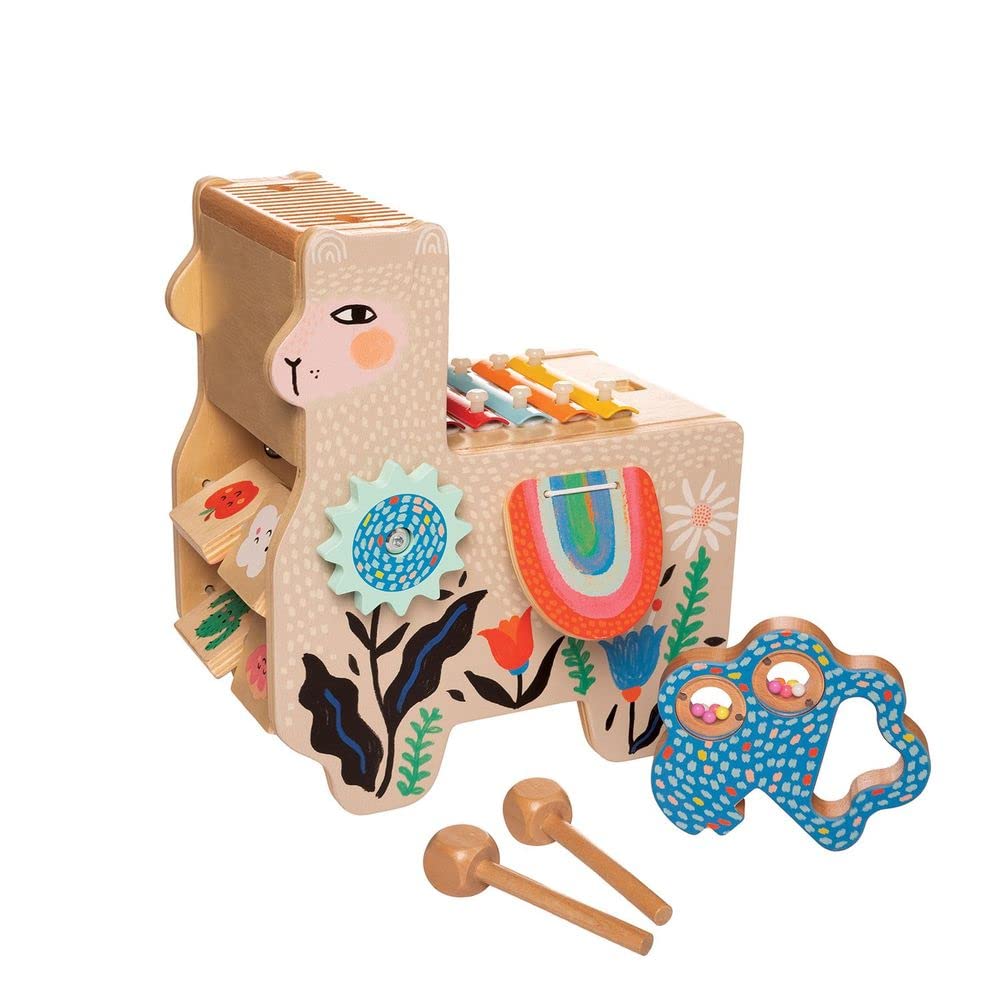 Manhattan Toy Musical Llama Wooden Instrument for Toddlers with Maraca, Clacking Saddlebags, Drumsticks, Washboard & Xylophone