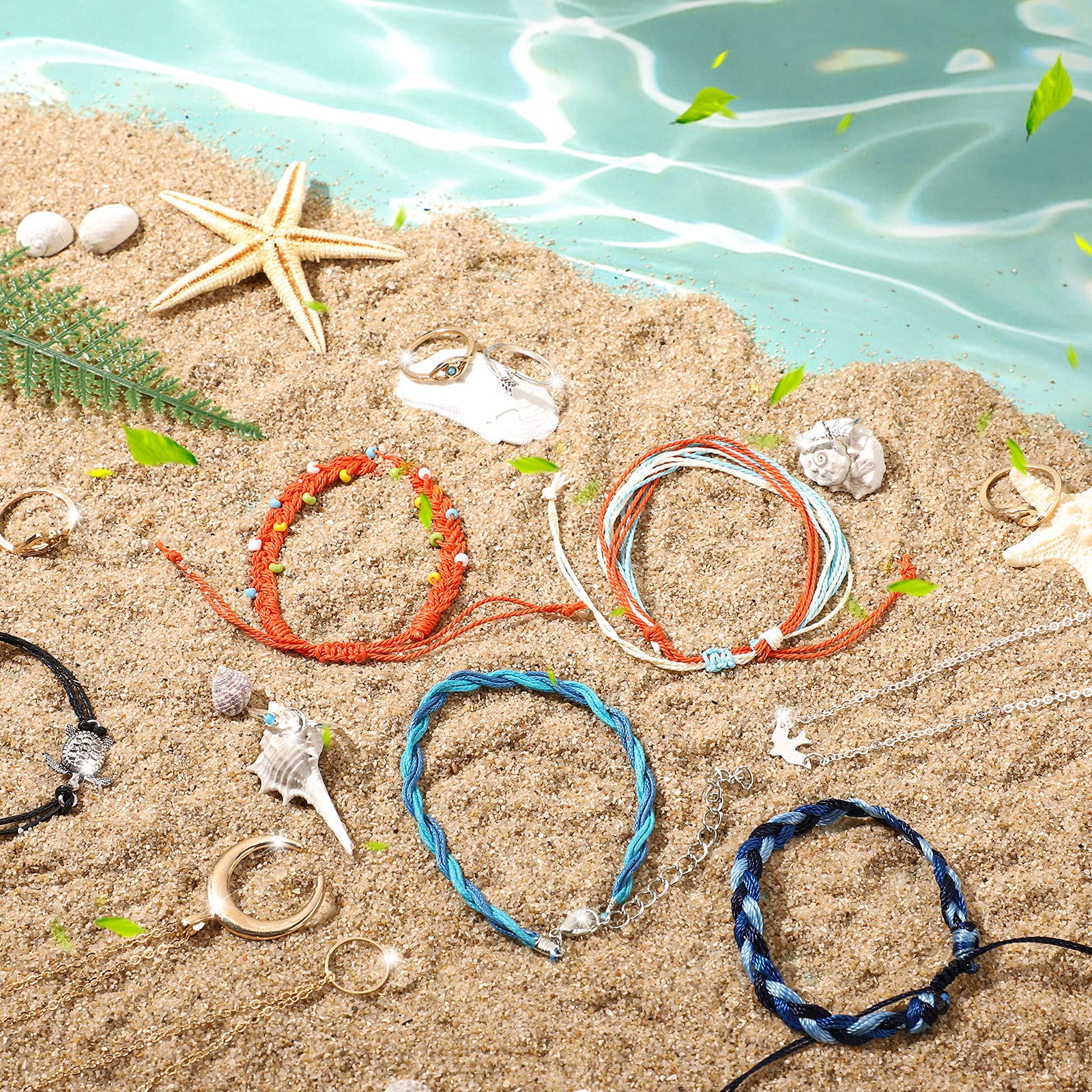 Batiyeer 60 Pcs Surfer Wave Strand Bracelet Summer Layered Choker Pendant Necklace Adjustable Multilayer Chain Necklaces Adjustable Handmade Sunflower Rope Anklets Knuckle Rings (Cute)