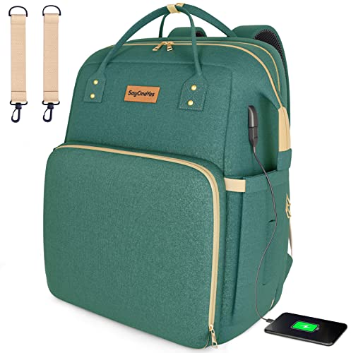 SAYONEYES Baby Diaper Bag Backpack with Portable Changing Pad - Multifunction Diaper Backpack with USB Charging Port - Stroller Straps, Large Capacity and Waterproof Unisex Baby Bag (Green)