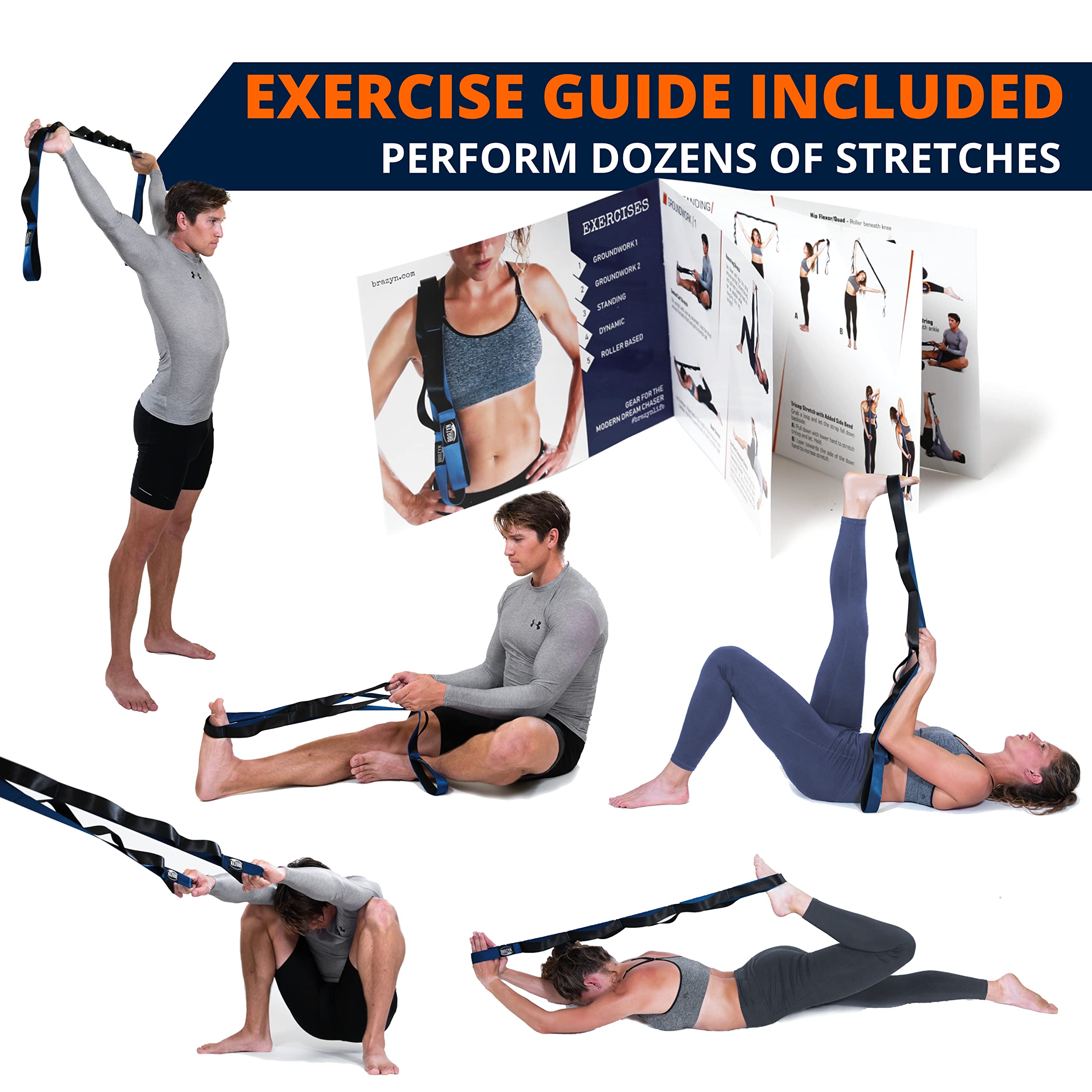 Brazyn - 12 Loop Mobility Stretching Band - Stretch Strap with Loops Physical Therapy Yoga Straps for Stretching Pilates Calf Stretcher Flexibility Running Dance Gymnastics with Travel Bag - Navy Blue