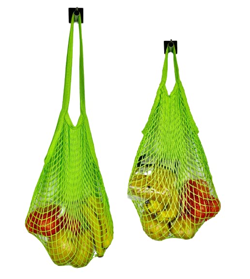 Modo Reusable (2 Pack) String Cotton Net Shopping Bags 1 Short & 1 Long Handle Bag Multipurpose Toys Storage (Neon Green)
