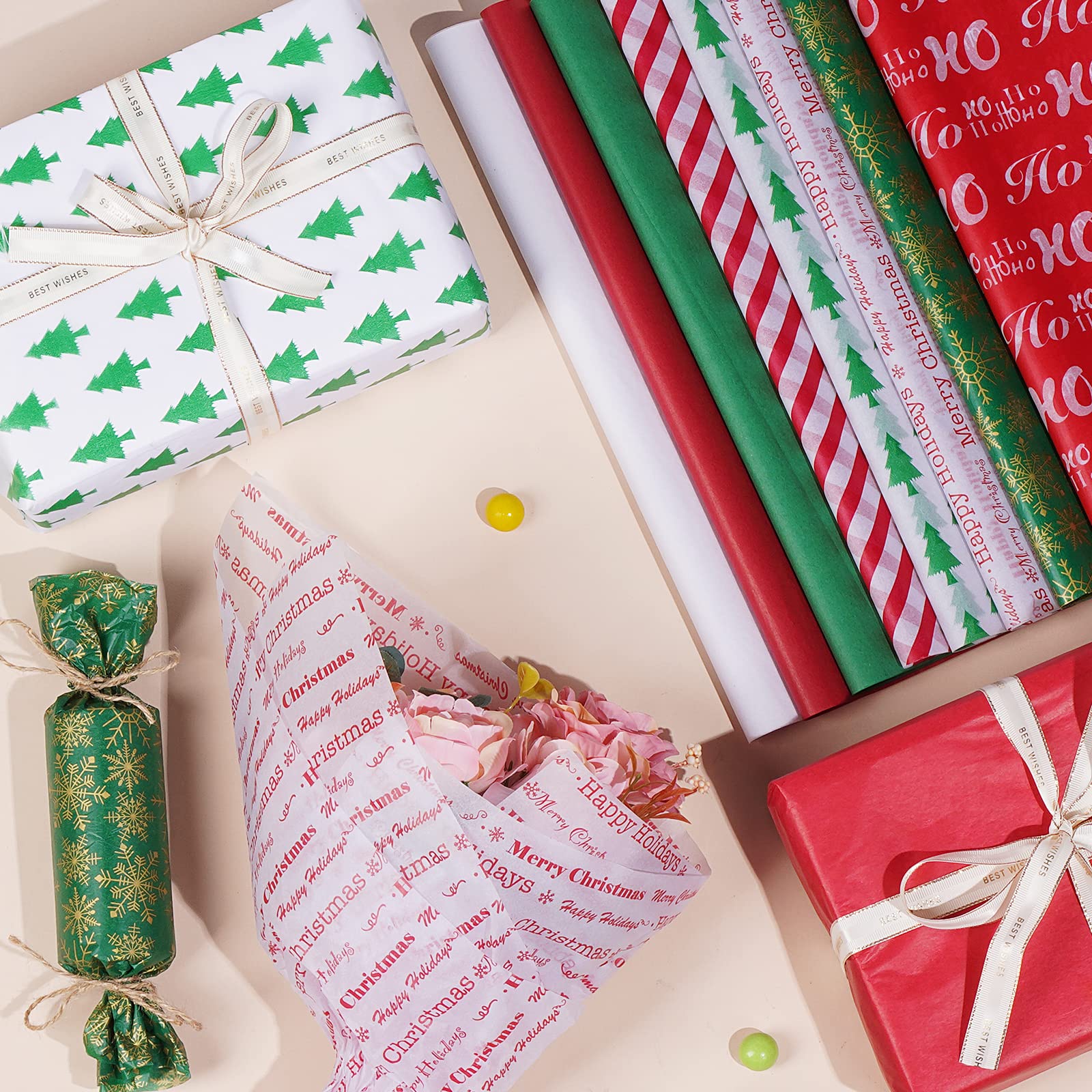 Blisstime Tissue Paper for Gift Bags 110 Sheets 13.8'' x 19.7'' Christmas Tissue Paper for Gift Wrapping, 8 Different Designs Christmas Wrapping Paper Bulk for DIY Crafts Holiday Decor (110)
