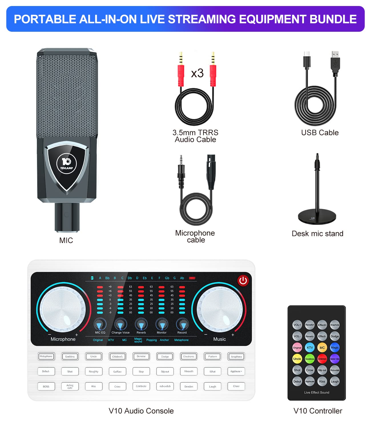Podcast Equipment Bundle, tenlamp Q8 Podcast Microphone with Sound Board Voice Changer Mixer Controller, Studio Live Sound Card Kit for PC Smartphone Recording Live Streaming