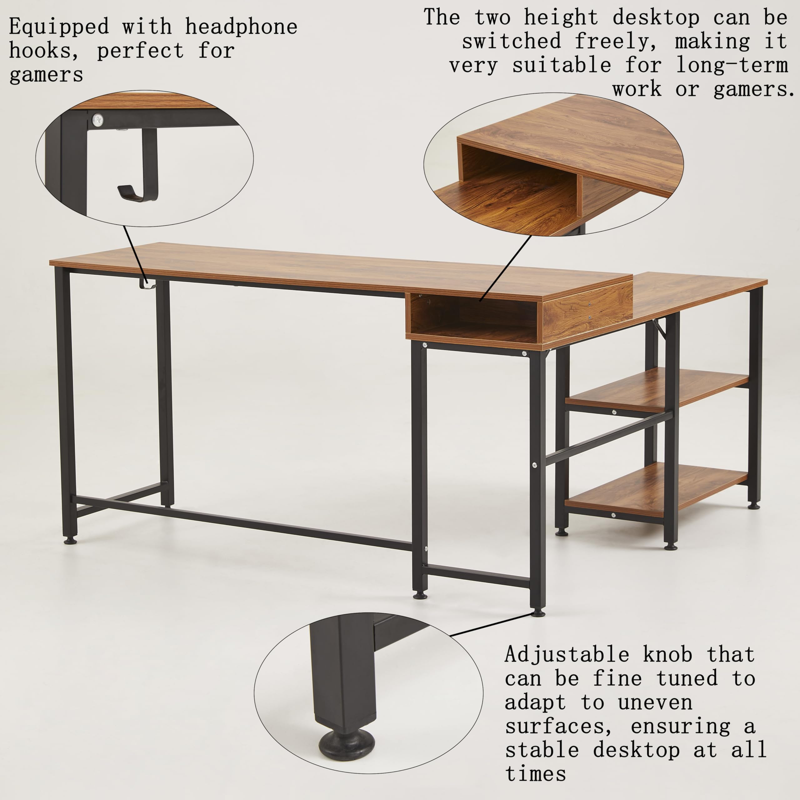 Generic L Shaped Gaming Desk with Earphone Hook, 50 Inch Computer Desk with Storage Shelf, Corner Desk for Small Space, Space-Saving Wooden Office Desk Workstation, Brown