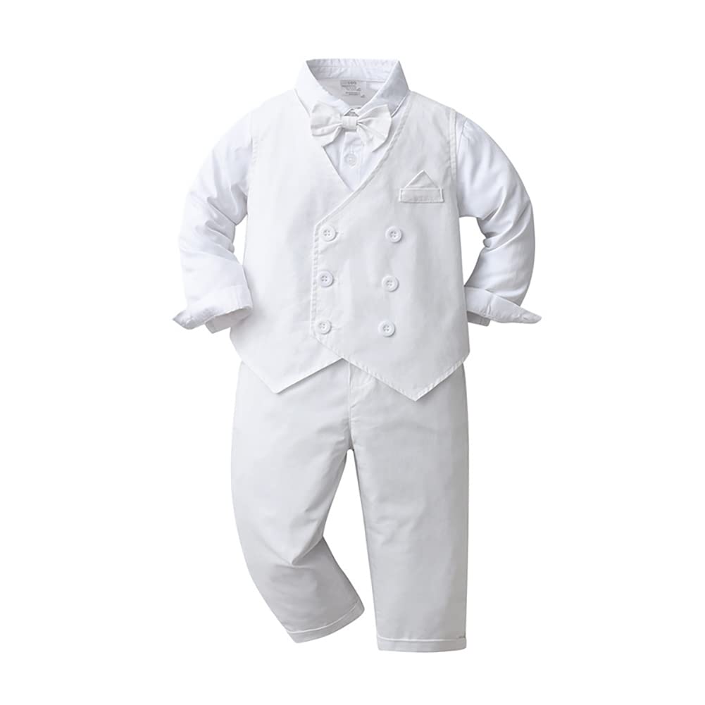 Christening Baptism Outfits for Boys Infant Christmas Outfit Toddler Dress Clothes Wedding Tuxedo Shirts Waistcoat Long Pants Kids Gentlemen Suits Easter Holiday 1st Birthday All White 4-5T