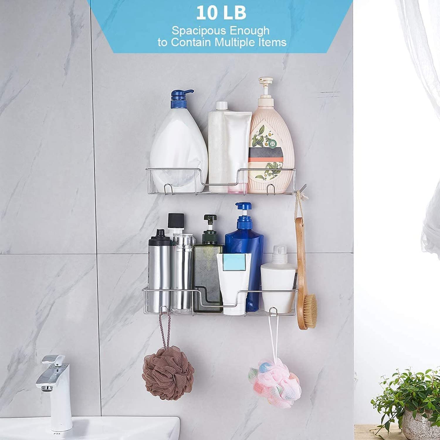 Eovuasclk Shower Shelf with Hooks,No Drilling Adhesive Shower Shelf for Bathroom Storage,Rustproof Shower Organizer