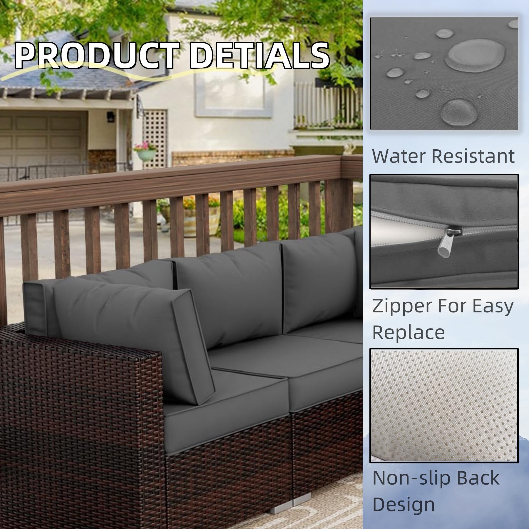 PROHIKER Patio Cushion Cover Replacement 14 Pack Outdoor Sofa Cushion and Pillow Covers Only with Zipper for 7-Piece Outdoor Patio Furniture Conversation Set (Dark Grey)