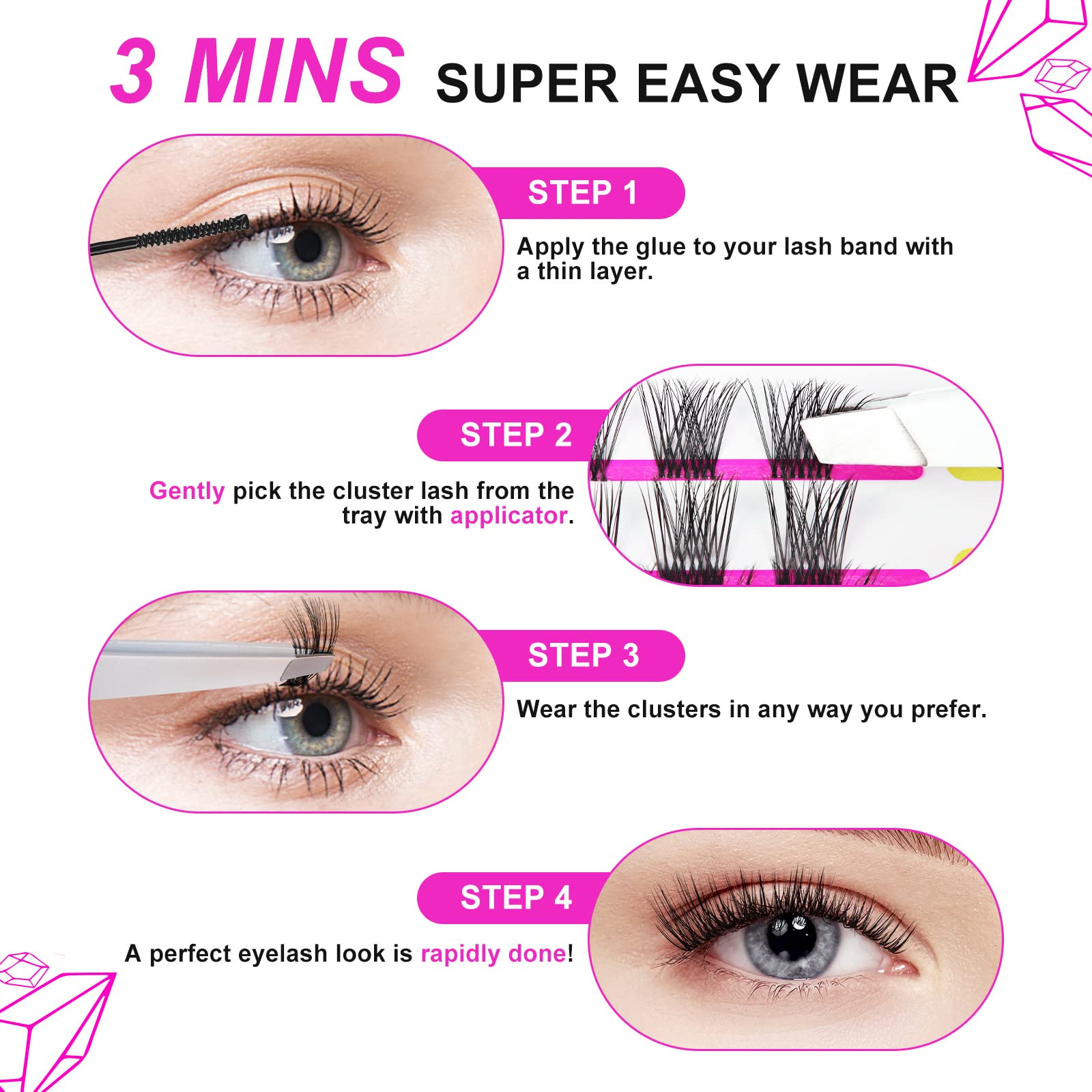 CAELYMINE DIY Eyelash Extension,Cluster Individual False Eyelashes Extension Natural Look Reusable Glue Bonded Black Super Thin Band 24 Lash Clusters Mix(703)