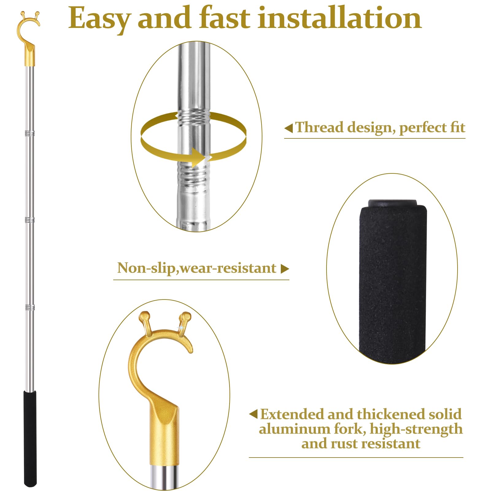 Cagaloi clothes hook pole,56inch adjustable extension pole.High Reach Garment Hook for Hanging Clothes Light and Plants Made of stainless steel, the pole is strong yet lightweight with a sponge handle