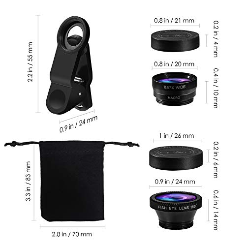 Hemobllo Portable Cell Phone Camera Lens Super Wide Angle Lens Macro Lens Fisheye Lens Clip on 3 in 1 Mobile Phone Lens Compatible for iPhone 6S/7/8/X (Black)