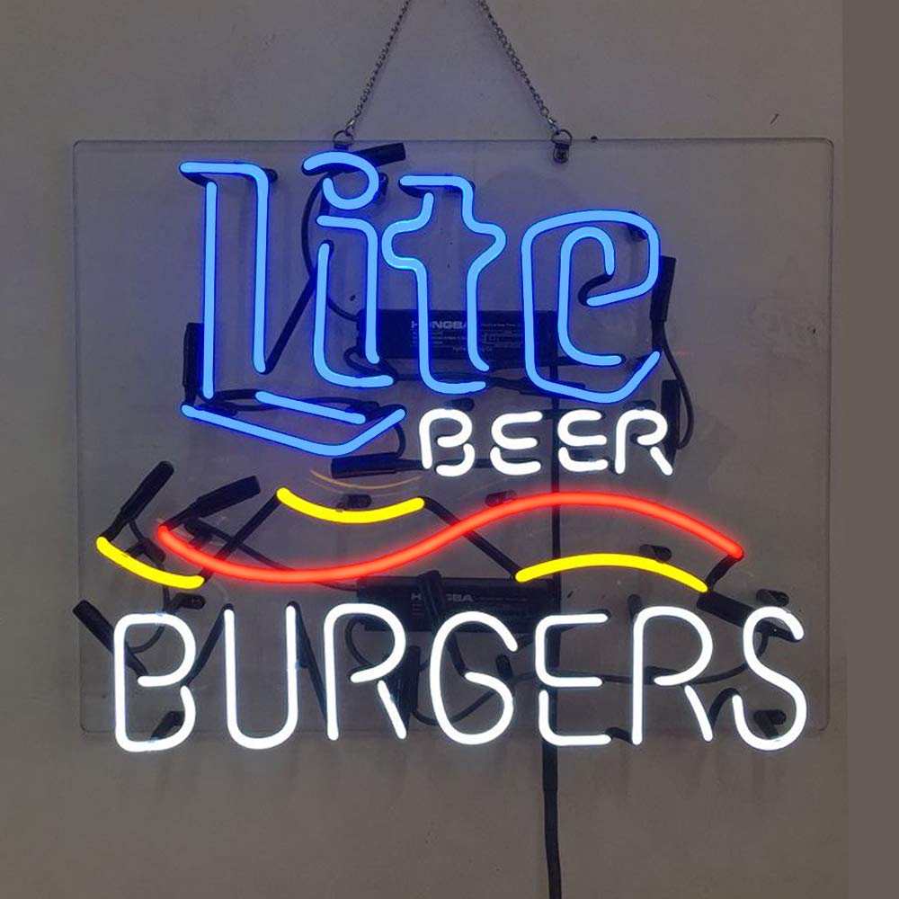 Lite Beer Burgers Beer Neon Signs Real Glass Handcraft For Home Beer Bar Pub Store Restaurant Party Room Wall Window Display Neon Signs 19x15