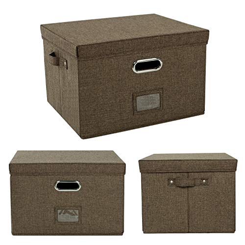 JSungo File Box with 5 Hanging Filing Folders, Document Organizer Storage for Office, Collapsible Linen Storage Box with Lids, Home Portable Storage with Handle, Letter Size Legal Folder, Brown
