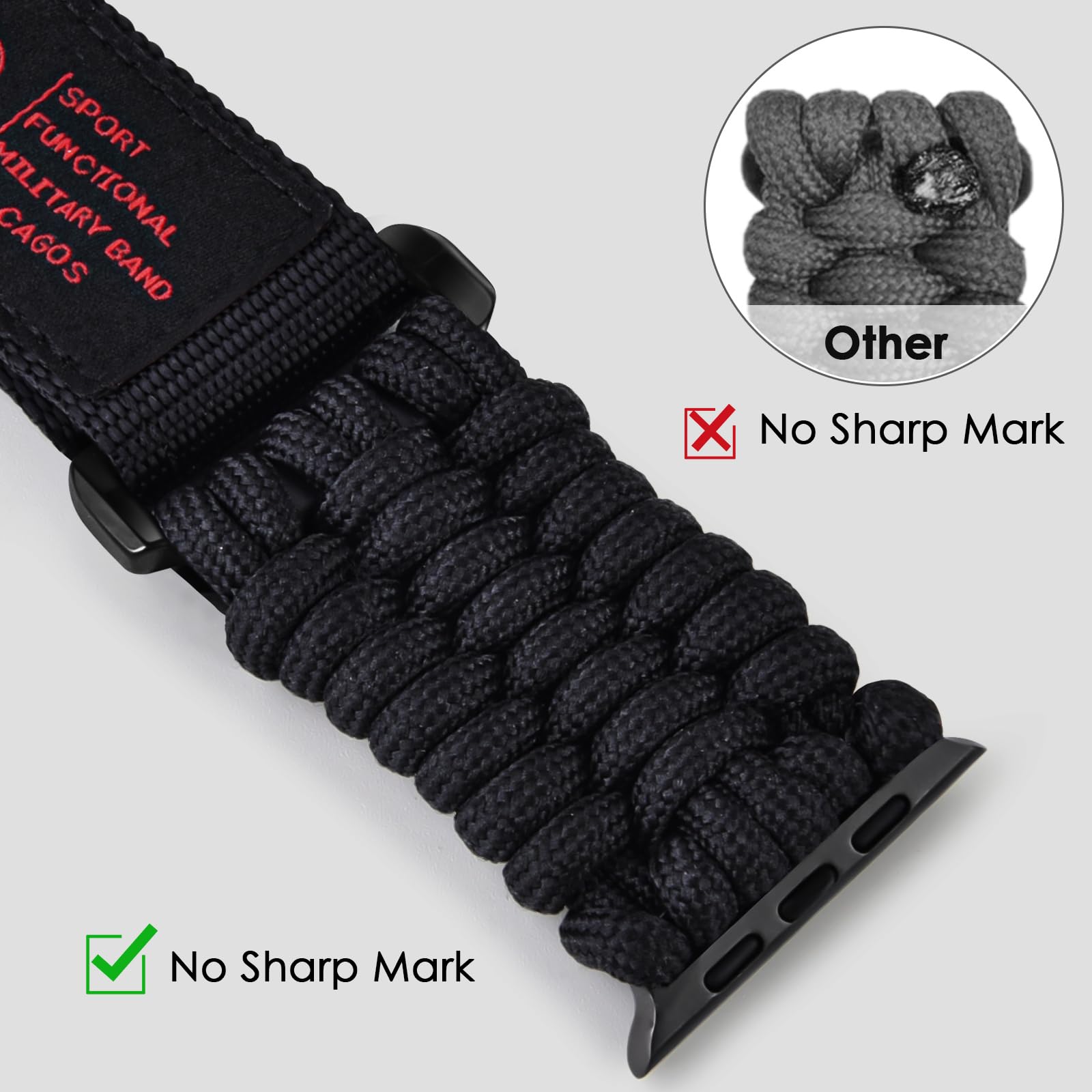 CAGOS Compatible with Apple Watch Band 49mm 45mm 44mm 42mm, Rugged Survival Paracord Nylon Strap Braided Sport Loop for iWatch Bands Ultra 2 Series 9 8 7 6 5 4 3 2 1 SE Men, Black L